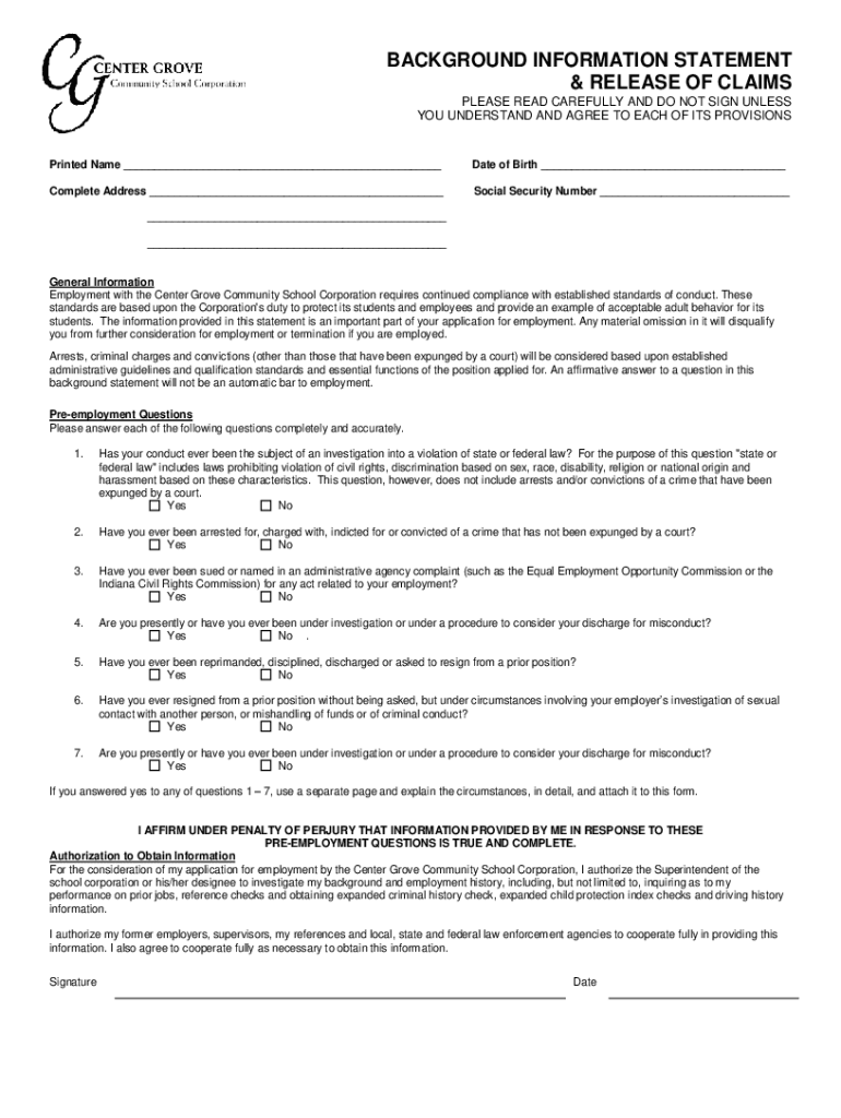 Fillable Online BACKGROUND INFORMATION STATEMENT & RELEASE OF CLAIMS ...