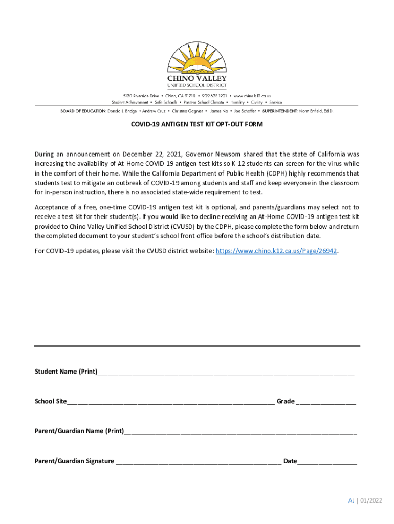 Fillable Online COVID-19 ANTIGEN TEST KIT OPT-OUT FORM - Chino Valley ...