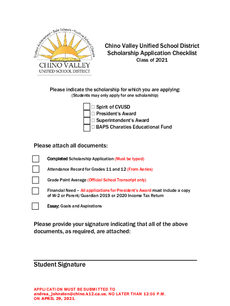 Fillable Online Chino Valley Unified Schoolstrict Di Scholarship Application Checklist Fax Email ...