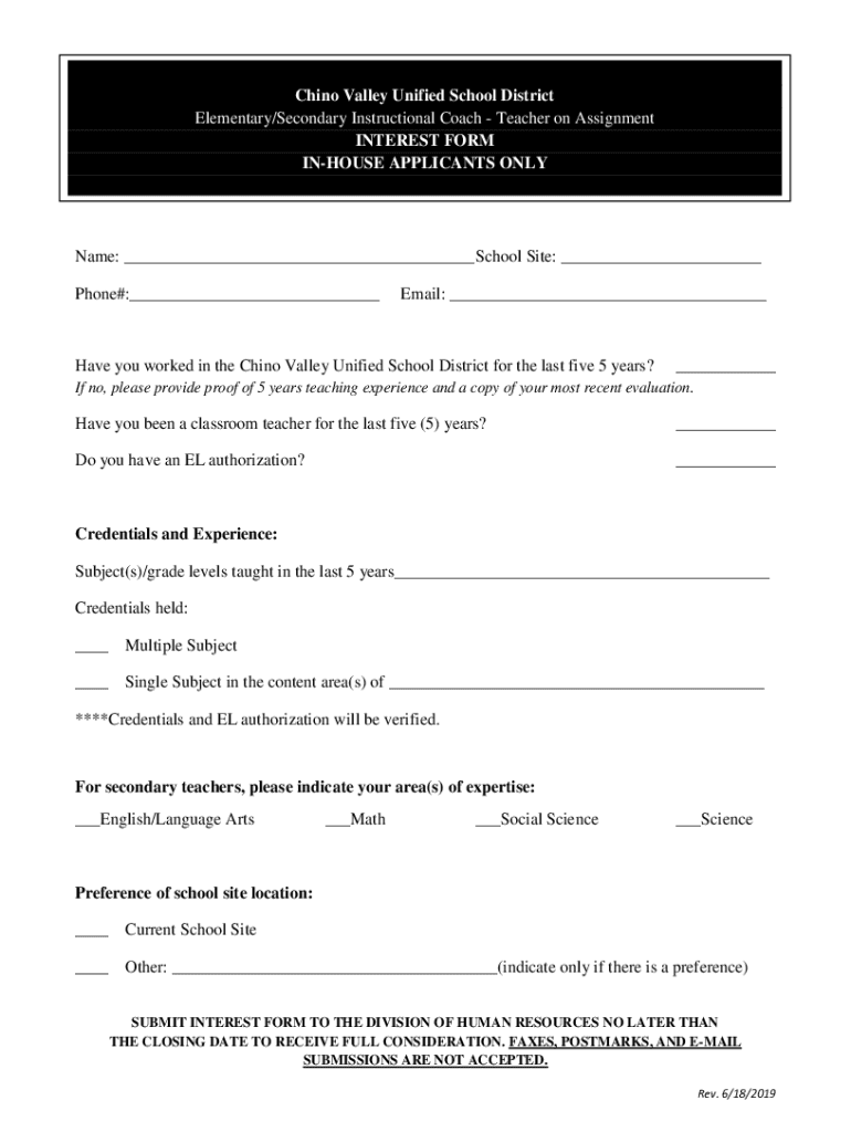 Fillable Online Chino Valley Unified School District Elementary/Secondary Instructional ... Fax ...
