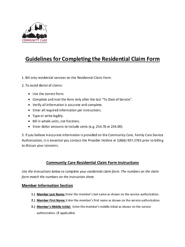 Fillable Online Guidelines for Completing the Residential Claim Form ...