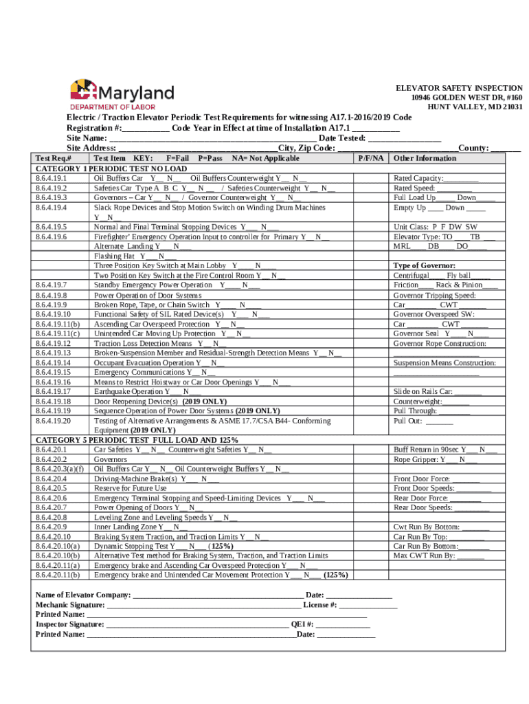 ELEVATOR SAFETY INSPECTION 10946 GOLDEN WEST DR, #160 HUNT VALLEY, MD ...