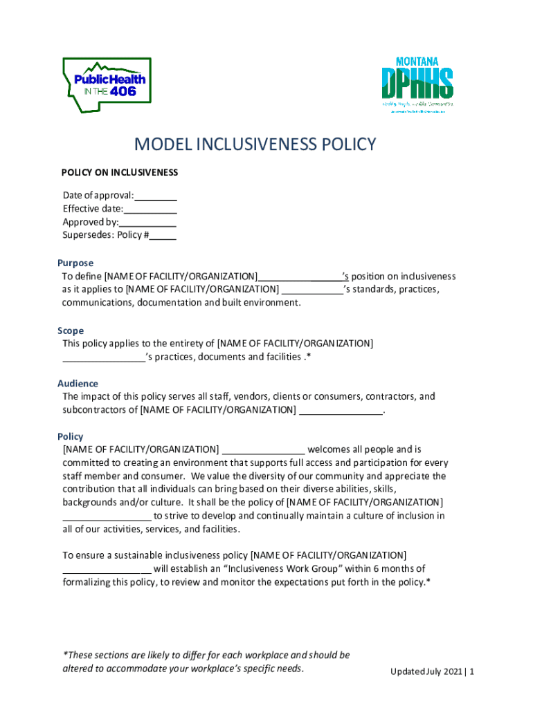 Fillable Online dphhs mt Inclusiveness Model Policy. Sample policy ...