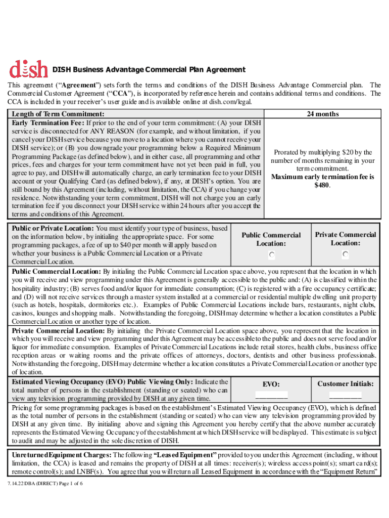 Fillable Online DISH Business Advantage Commercial Plan Agreement Fax ...