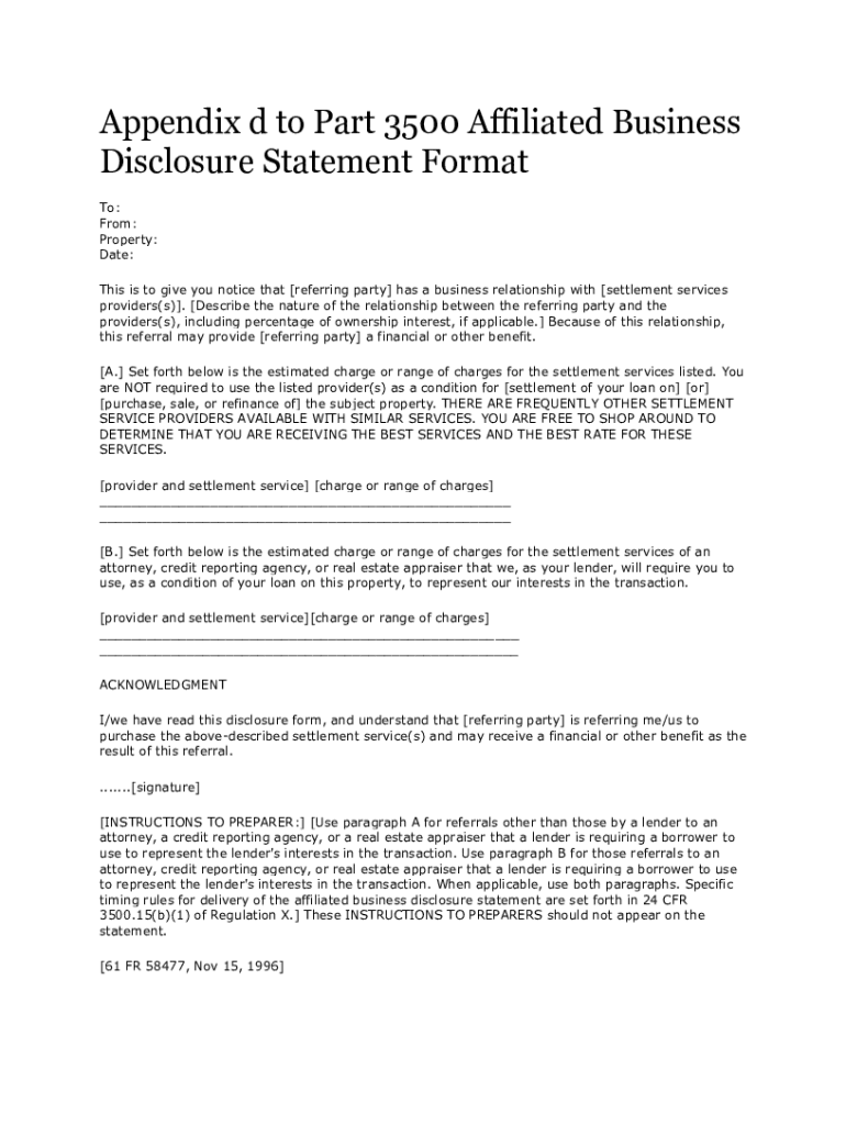 Fillable Online Appendix d to Part 3500 Affiliated Business Disclosure Statement Format Fax ...