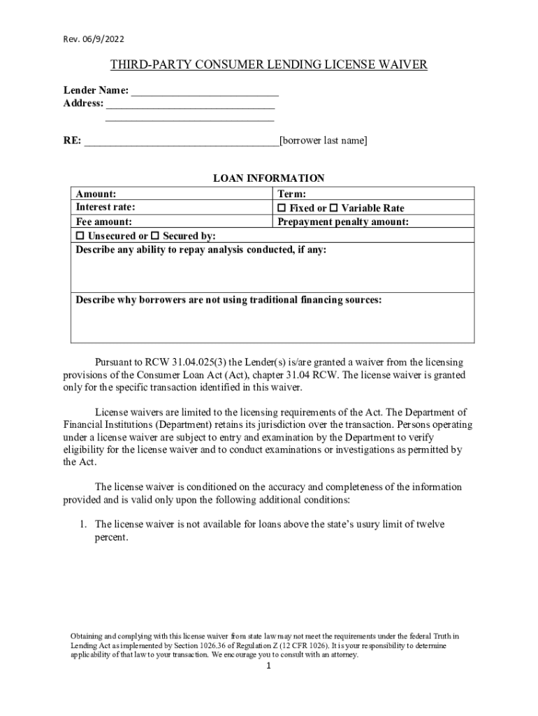 Fillable Online dfi wa Third Party Consumer Lending License Waiver. Third Party Consumer Lending ...