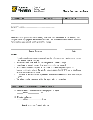 Fillable Online Minor Declaration Form - University of Regina Fax Email ...