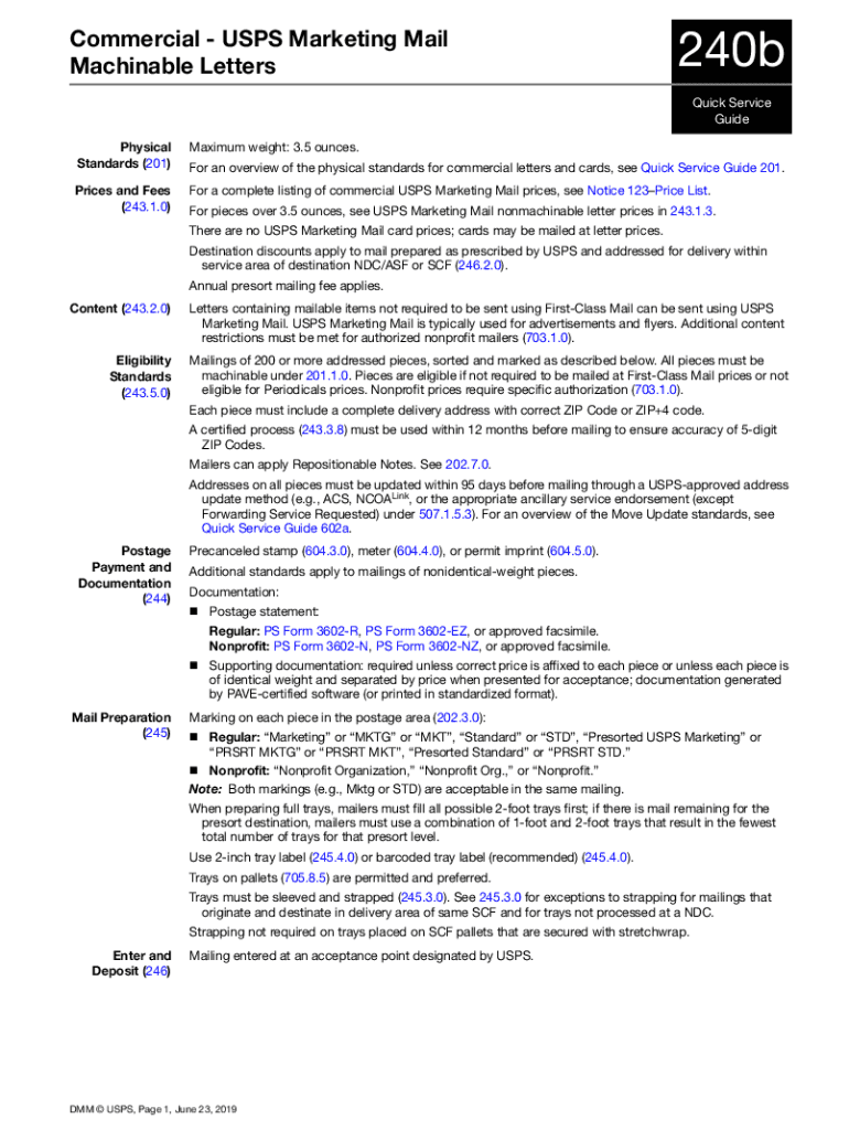 Fillable Online 240b - Commercial - USPS Marketing Mail Machinable ...