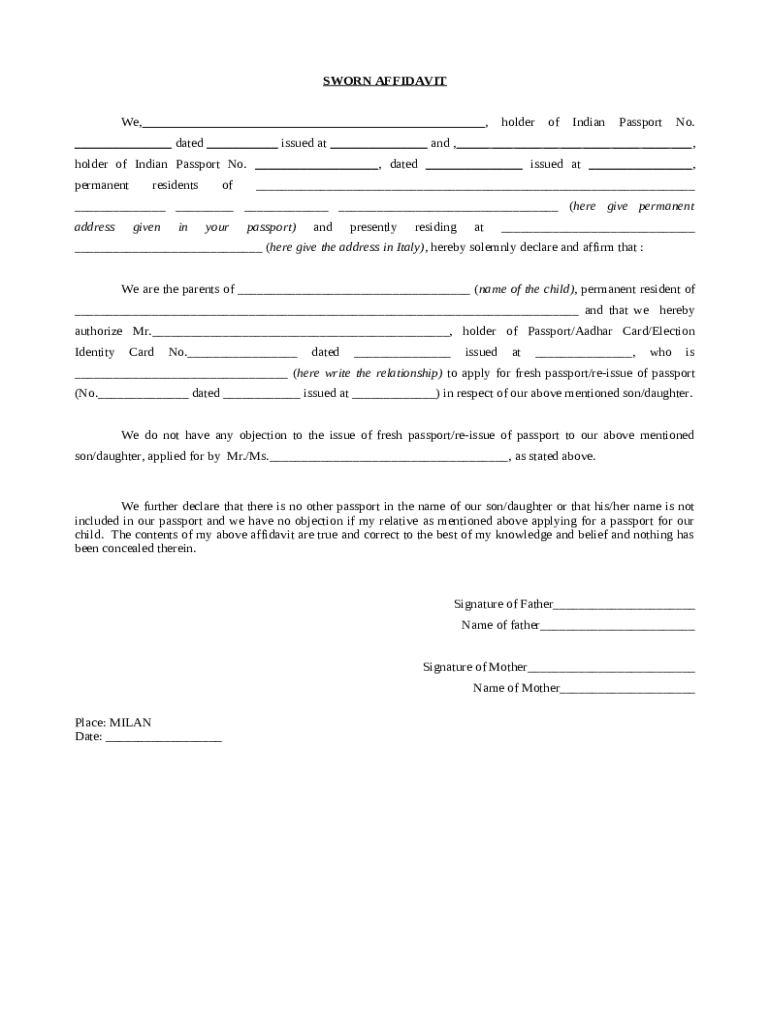 EMBASSY OF INDIA, MUSCAT SWORN AFFIDAVIT BY PARENTS WITH THE PERSON ...