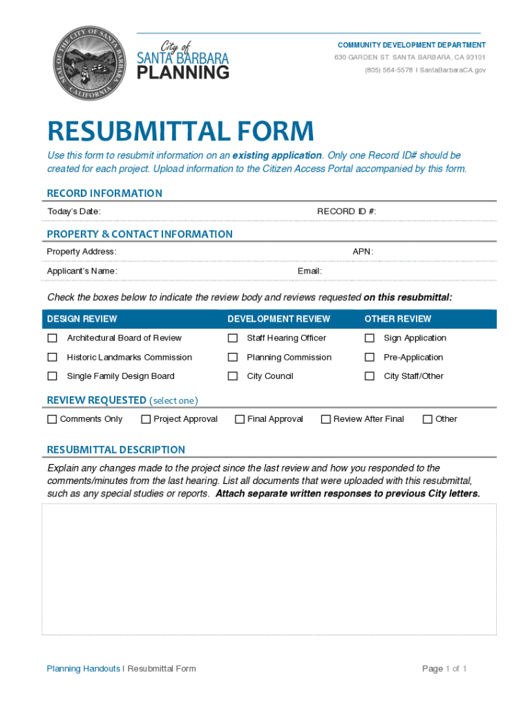Fillable Online Resubmittal-Form12-8-20Final. Resubmittal Form Fax Email Print - pdfFiller