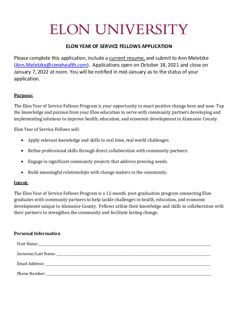 Fillable Online Elon Year of Service Fellows Application Fax Email Print - pdfFiller
