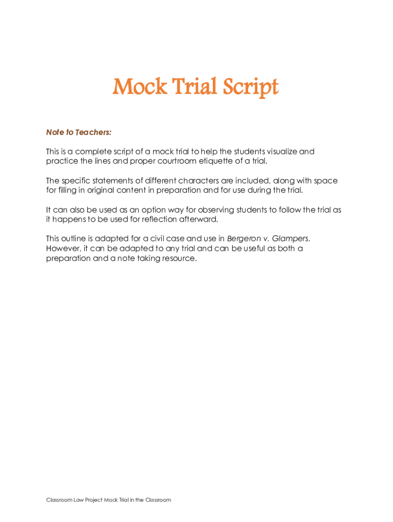 Fillable Online Mock Trial in the Classroom Full Mock Trial Script ... Fillable Online Mock Trial in the Classroom Full Mock Trial Script ...