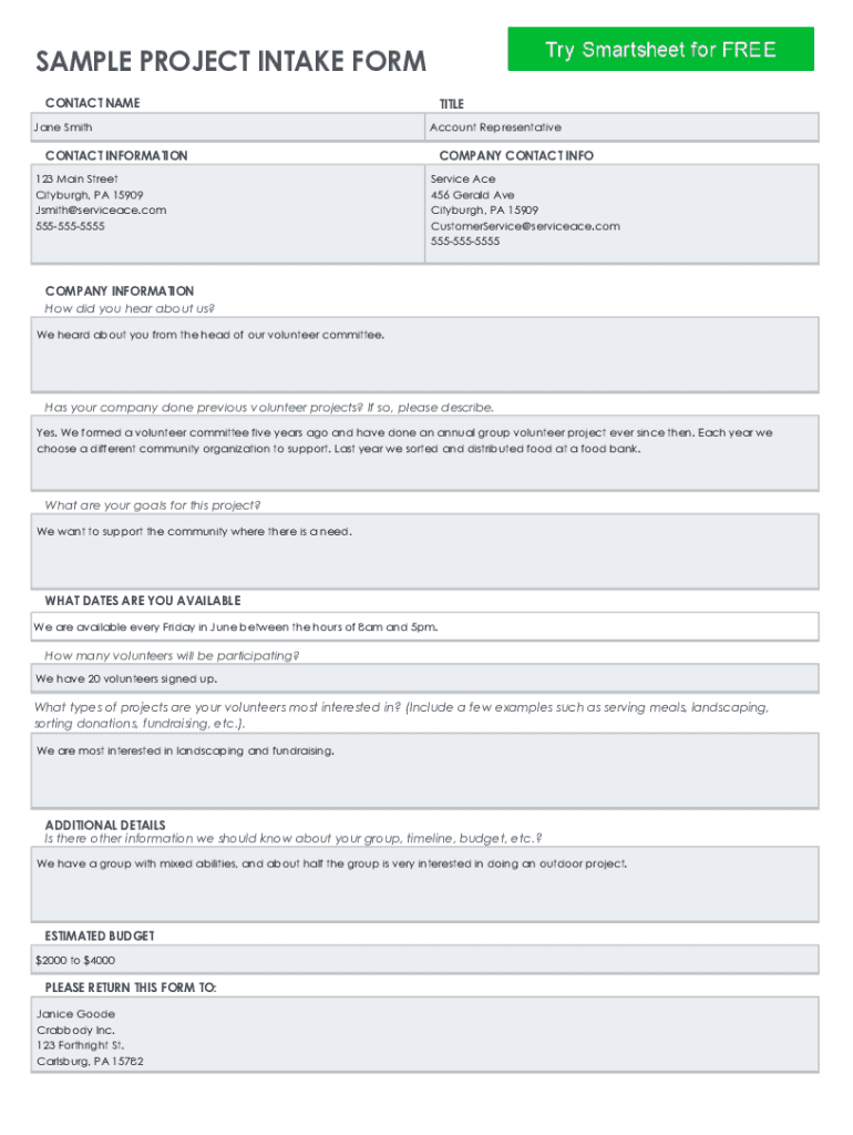 Fillable Online Sample Project Intake Form Smartsheet Fax Email Print