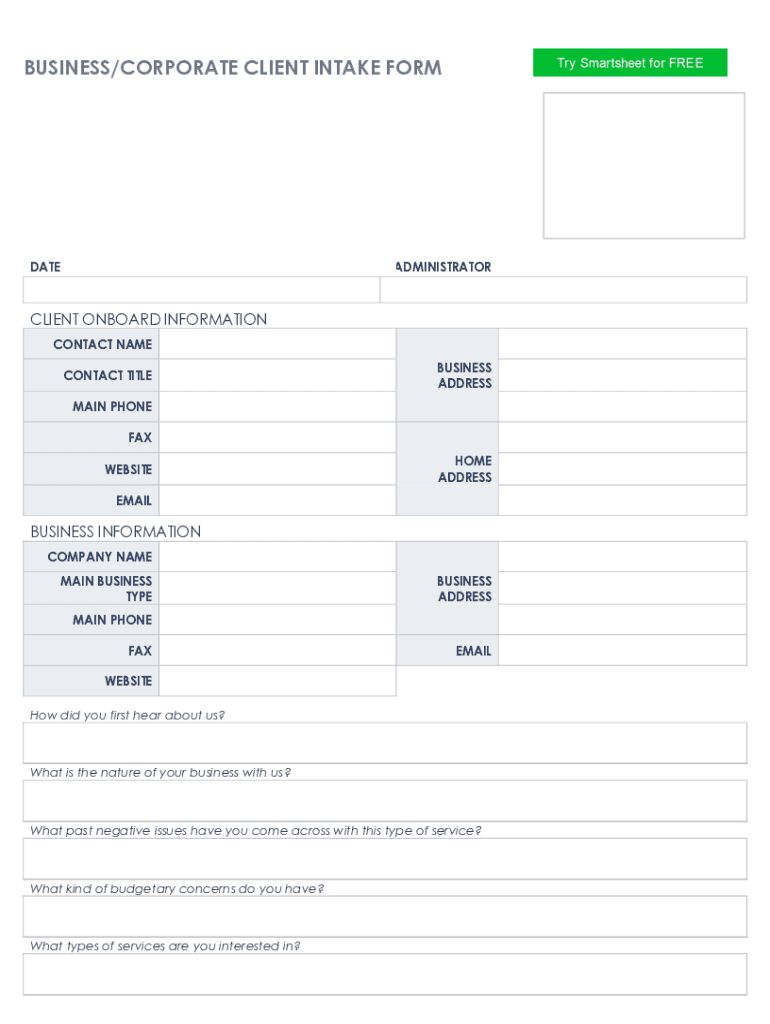 Fillable Online BUSINESS/CORPORATE CLIENT INTAKE FORM - Smartsheet Fax ...