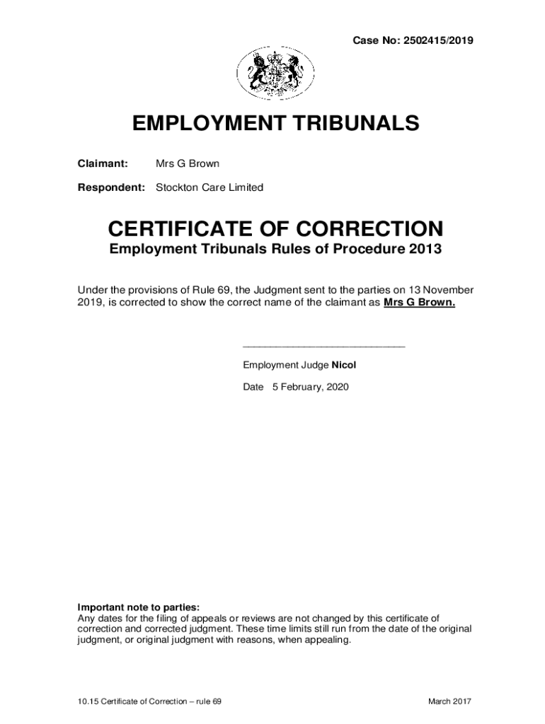 Fillable Online Certificate of Correction - EMPLOYMENT TRIBUNALS Fax ...