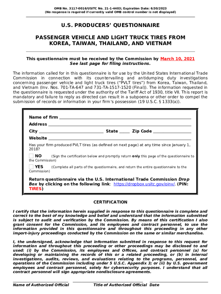 USITCQUESTIONNAIRE. Passenger vehicle and light truck tires (PVLT tires ...