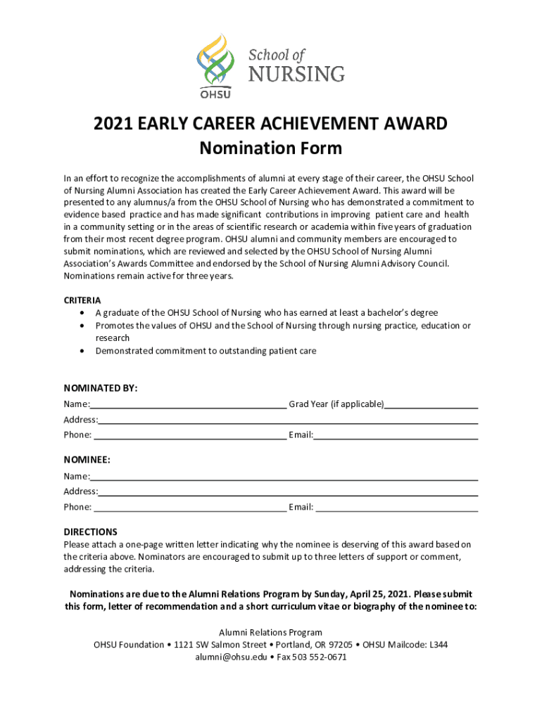Fillable Online 2021 EARLY CAREER ACHIEVEMENT AWARD Nomination Form - OHSU Fax Email Print ...