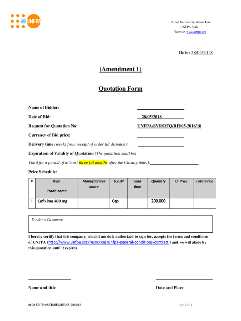 Fillable Online (Amendment 1) Quotation Form UNFPA Syria Fax Email ...