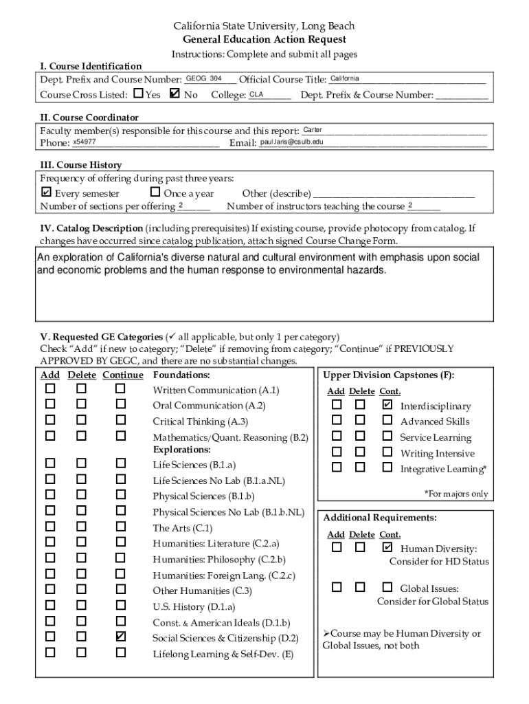 Fillable Online General Education Action Request Form - csulb.edu Fax ...