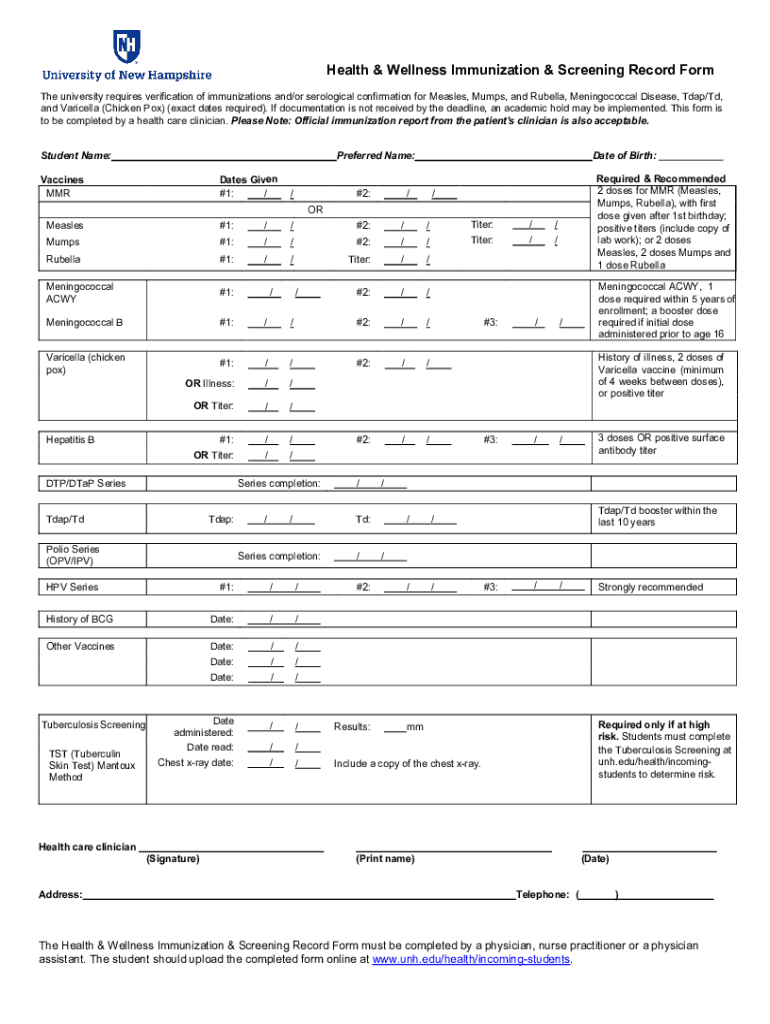 Fillable Online Health & Wellness Immunization & Screening Record Form ...