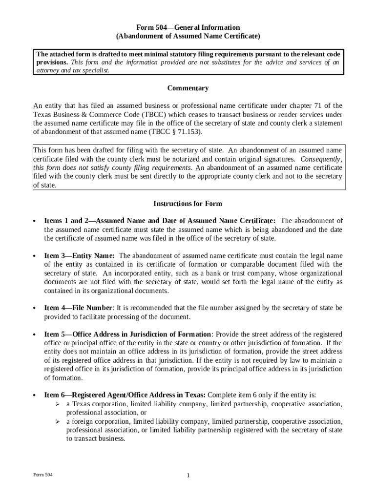504 "Abandonment of Assumed Name Certificate" - Texas Doc Template ...