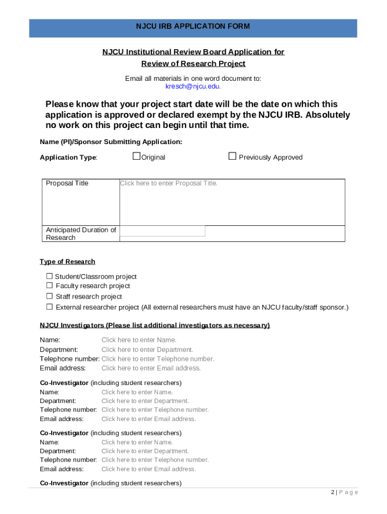 NJCU IRB Application - New Jersey City University Doc Template | pdfFiller