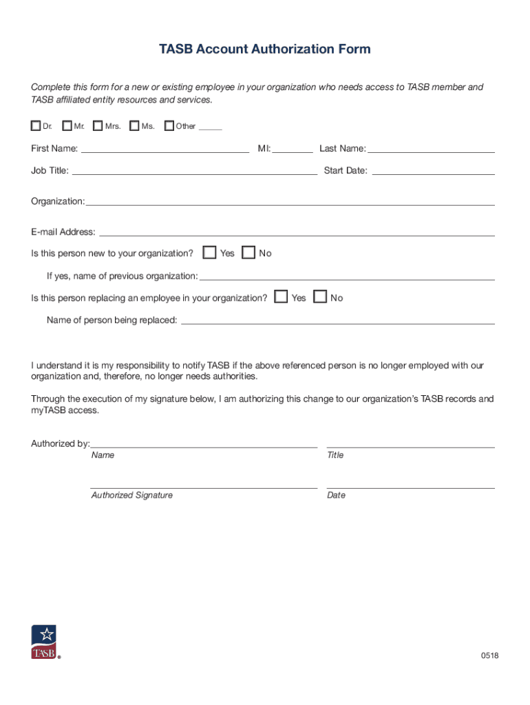 Fillable Online TASB Account Authorization Form Fax Email Print - pdfFiller