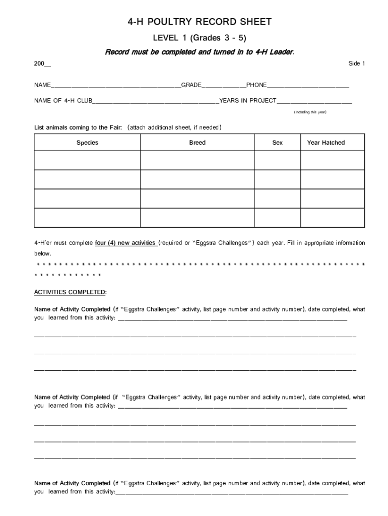 Fillable Online 4-H POULTRY RECORD SHEET Fax Email Print - pdfFiller