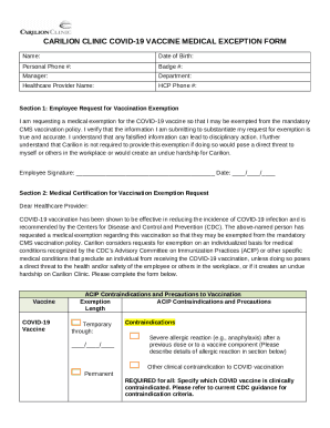 CARILION CLINIC COVID-19 VACCINE MEDICAL EXCEPTION Doc Template | pdfFiller