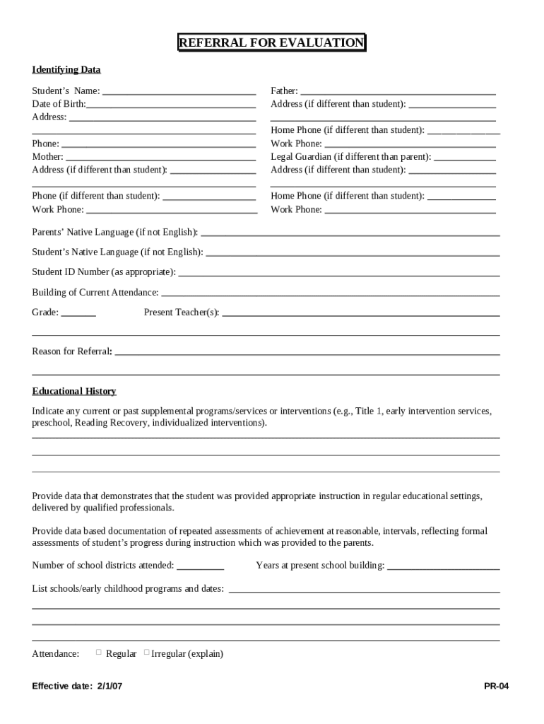 REFERRAL FOR EVALUATION - Research Based Intervention Resources ...