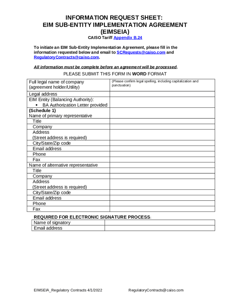 Western Energy Imbalance Market Sub-Entity Implementation Agreement Ination Request Sheet Doc ...