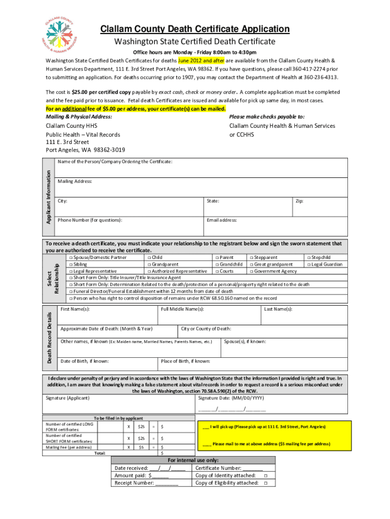 Fillable Online Clallam County Death Certificate Application Washington State Certified ... Fax ...