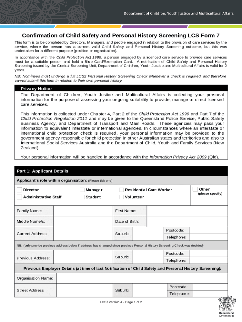 Application for a Child Safety and Personal History Screening Check LCS ...