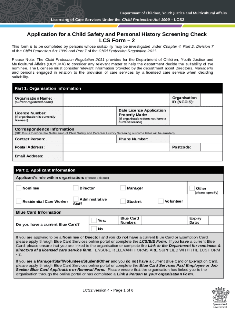 Application for a Child Safety and Personal History Screening Check LCS ...