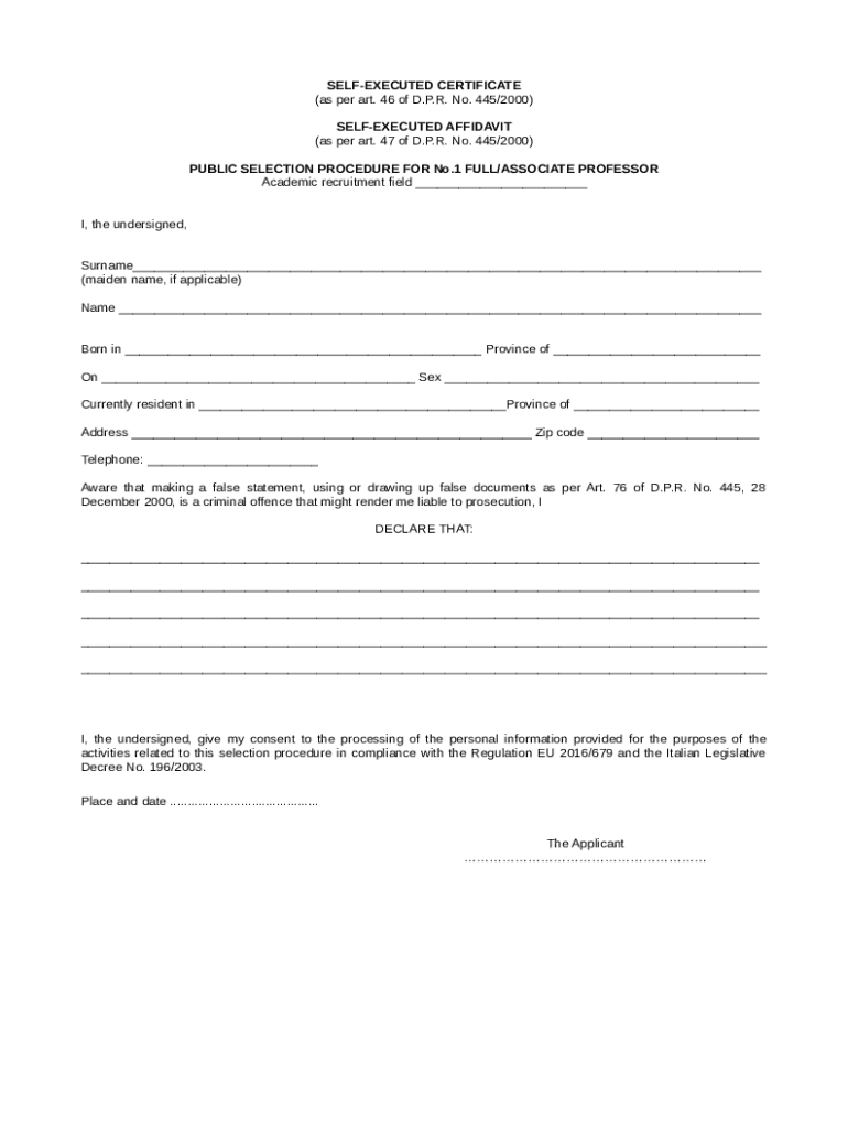 SELF-CERTIFICATION / AUTODICHIARAZIONE (pursuant to articles 46 ... Doc Template | pdfFiller