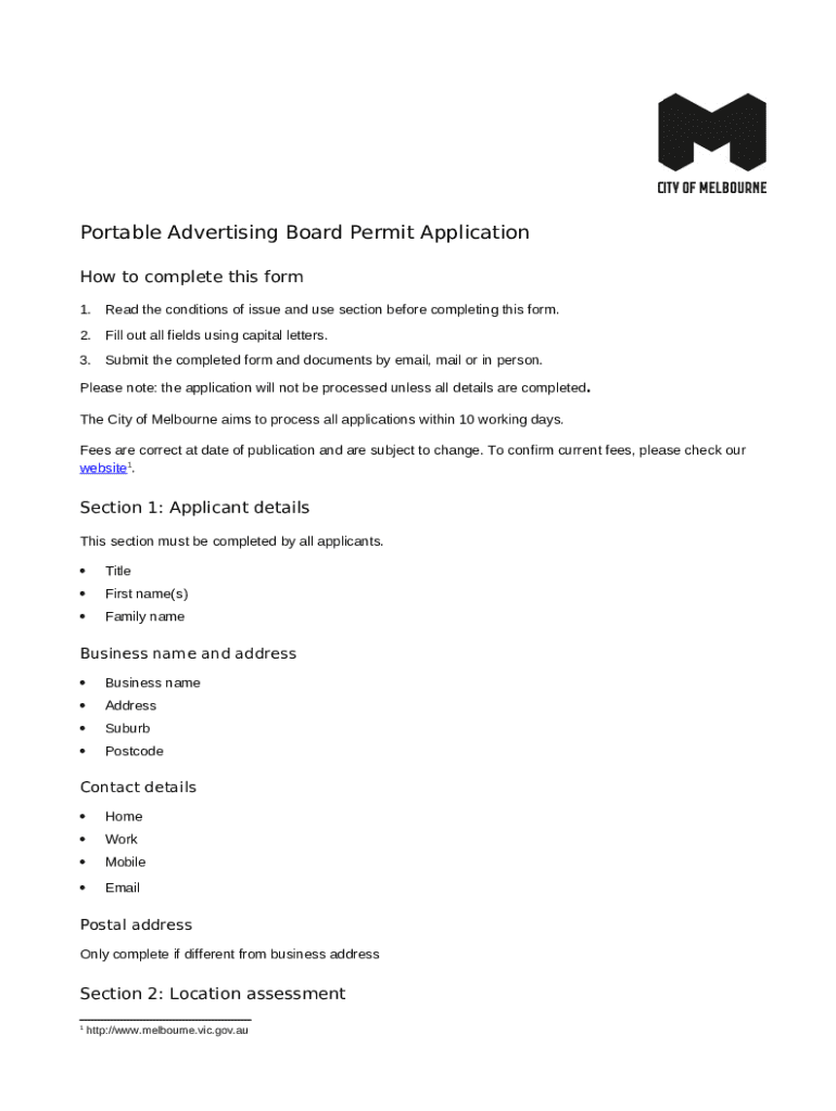 Portable advertising board permit application Doc Template | pdfFiller