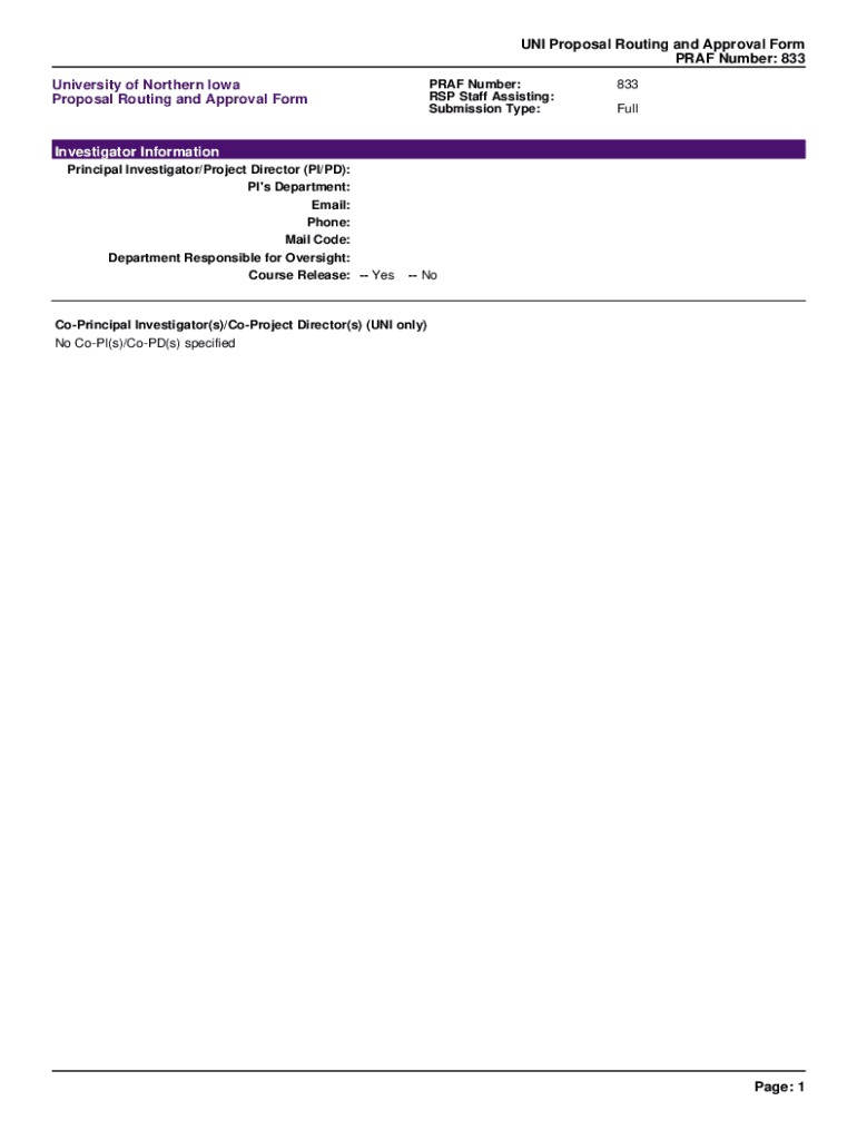 Fillable Online UNI Proposal Routing and Approval Form PRAF Number: 834 ...