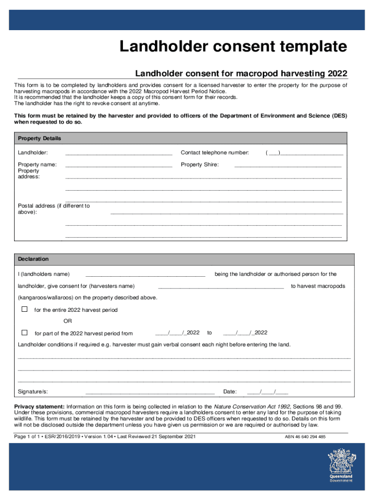 Fillable Online Landholder consent for macropod harvesting 2022. This ...
