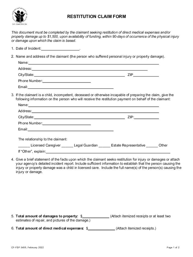 Fillable Online CF-FSP 5459-Restitution Claim Form Fax Email Print ...
