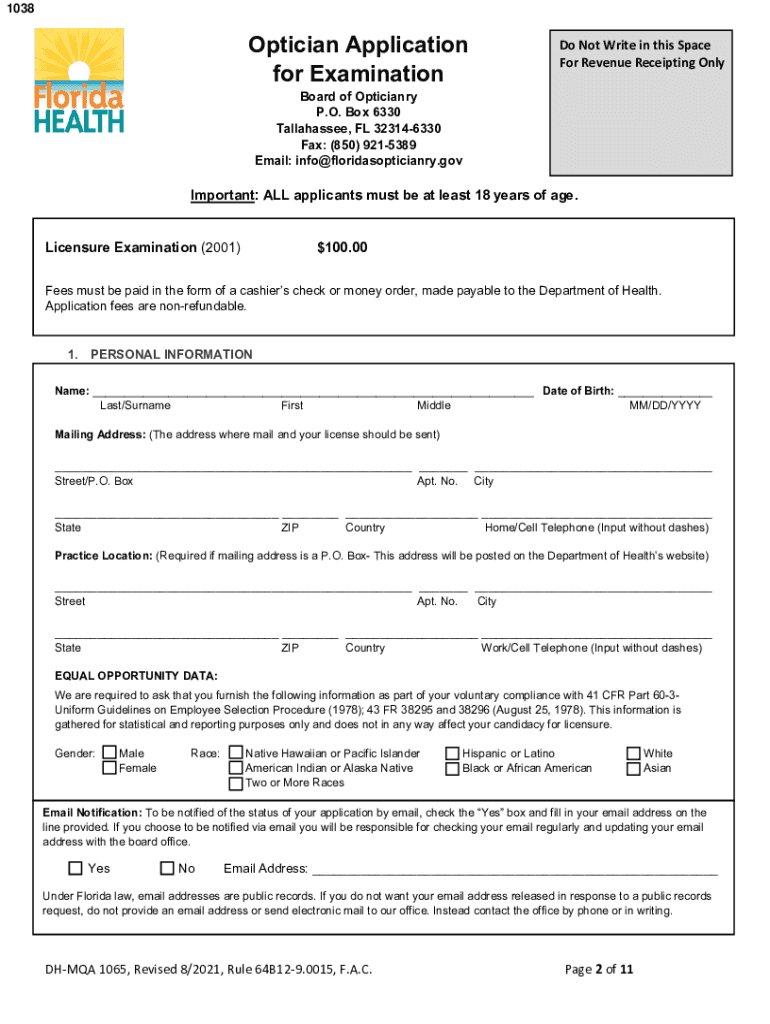 Fillable Online floridasopticianry.govapplicationsapplicationOptician ...