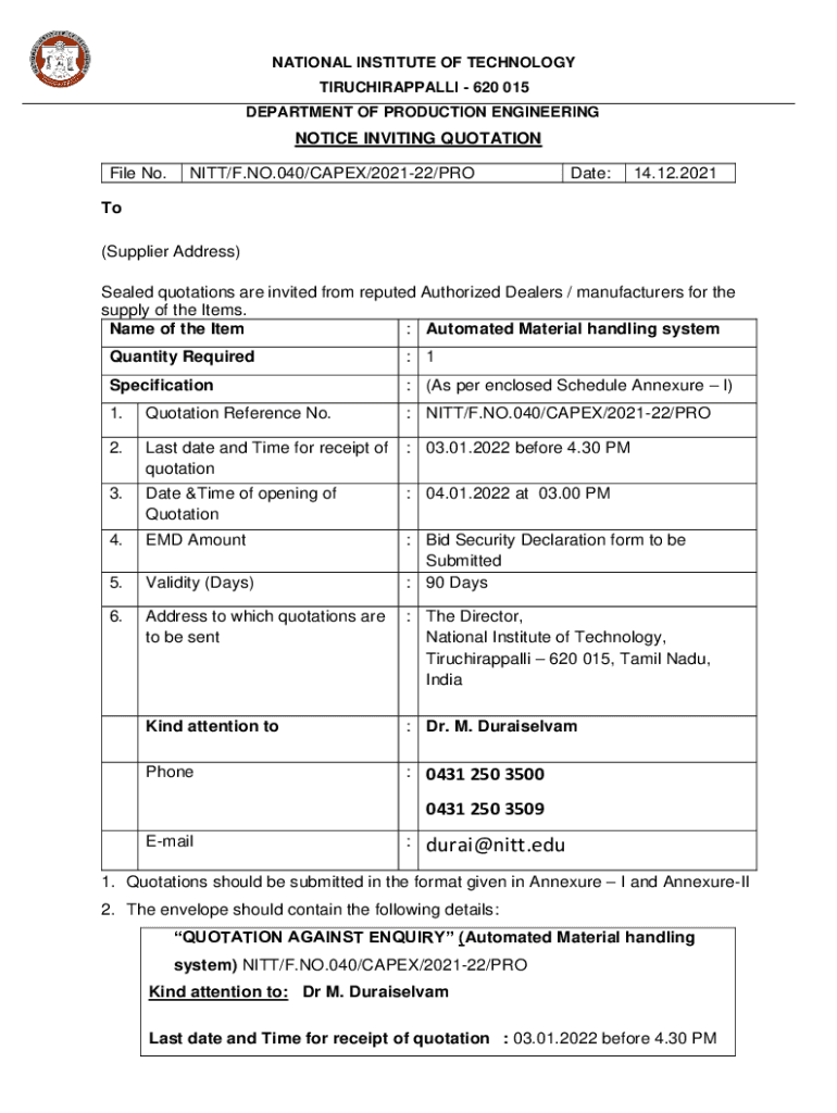 Fillable Online NATIONAL INSTITUTE OF TECHNOLOGY TIRUCHIRAPPALLI - 620 ...