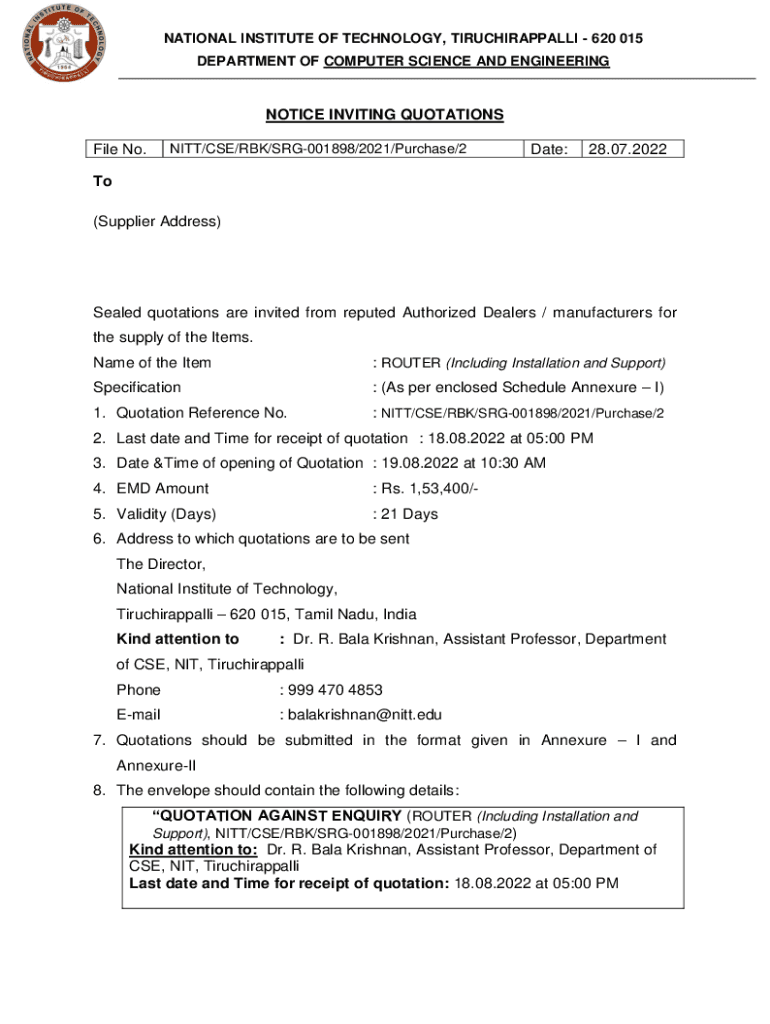 Fillable Online NOTICE INVITING QUOTATIONS To - National Institute of ...