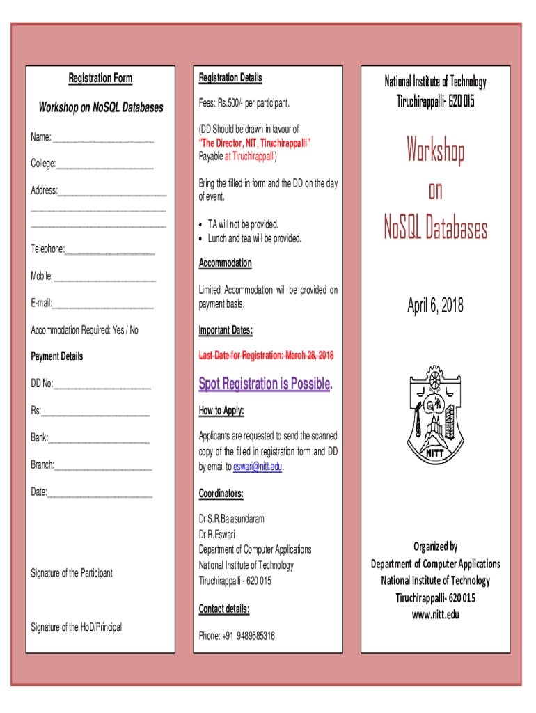 Fillable Online Workshop on NoSQL Databases Workshop - National ...