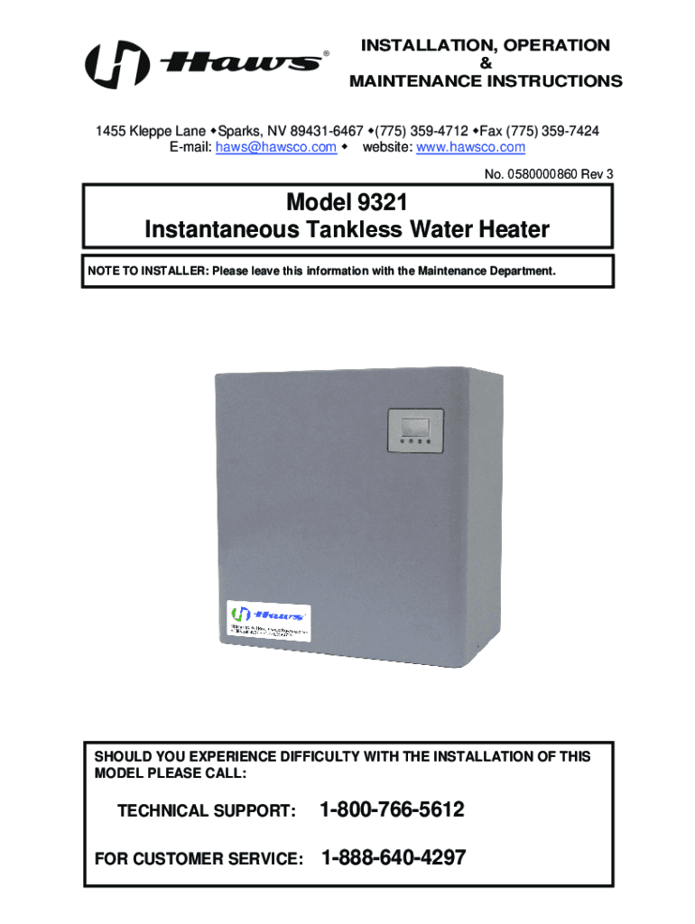 Fillable Online Model 9321 Instantaneous Tankless Water Heater - Haws ...