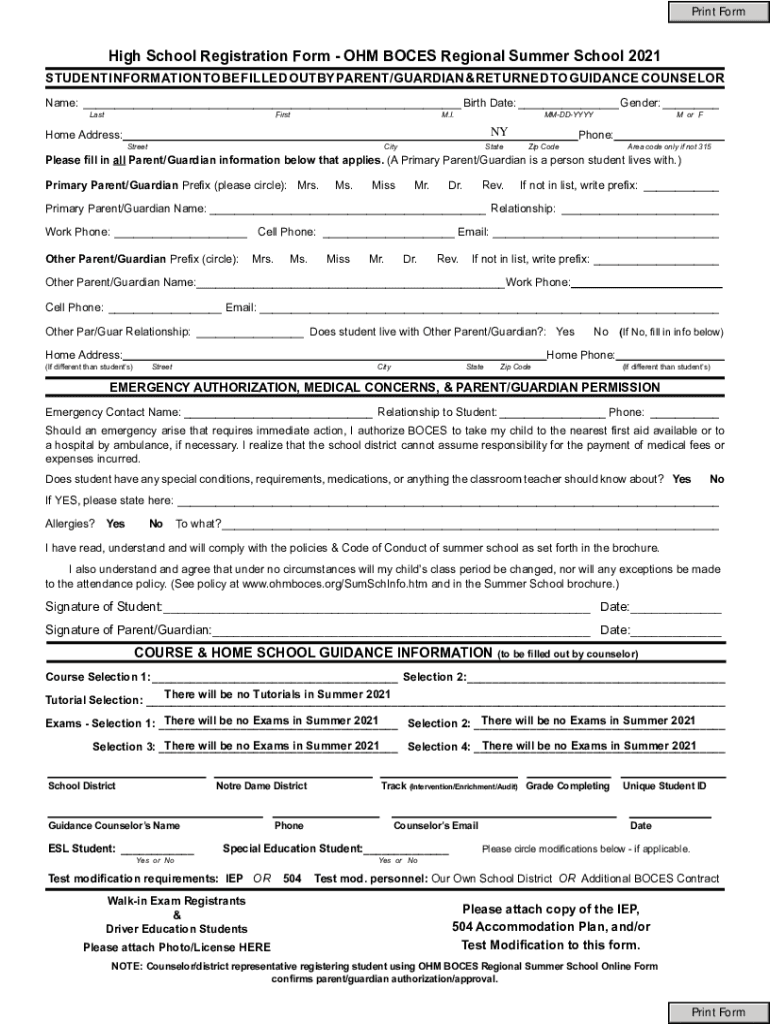 Fillable Online High School Registration Form - OHM BOCES Regional ...