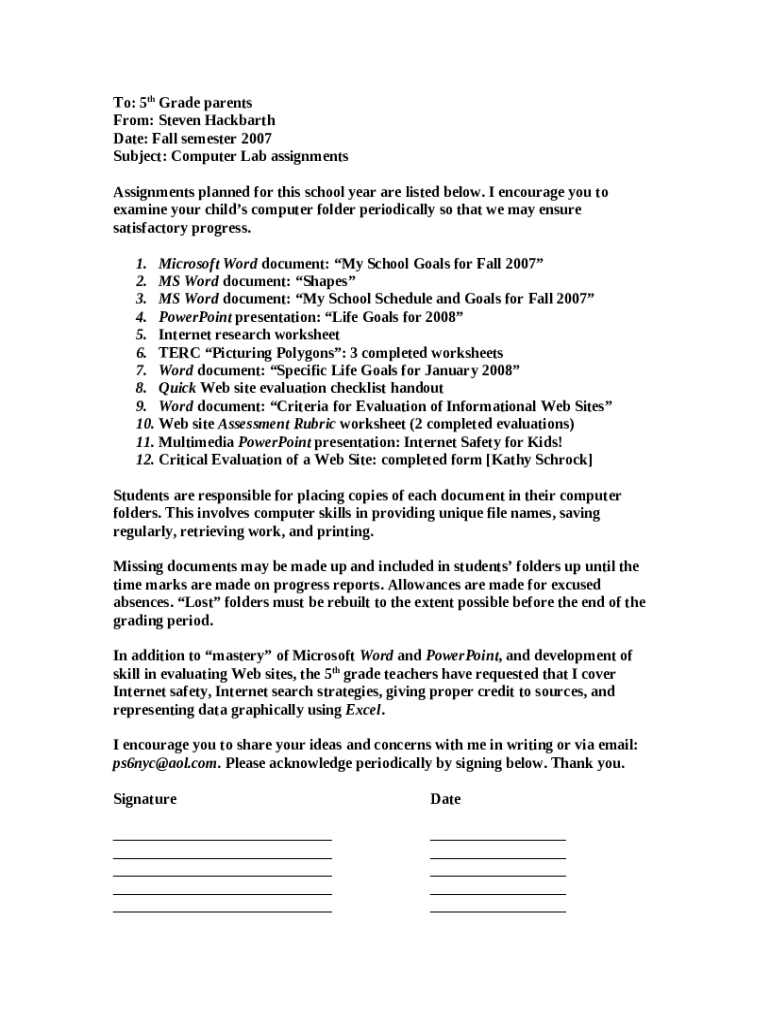 To: 5th Grade parents Doc Template | pdfFiller