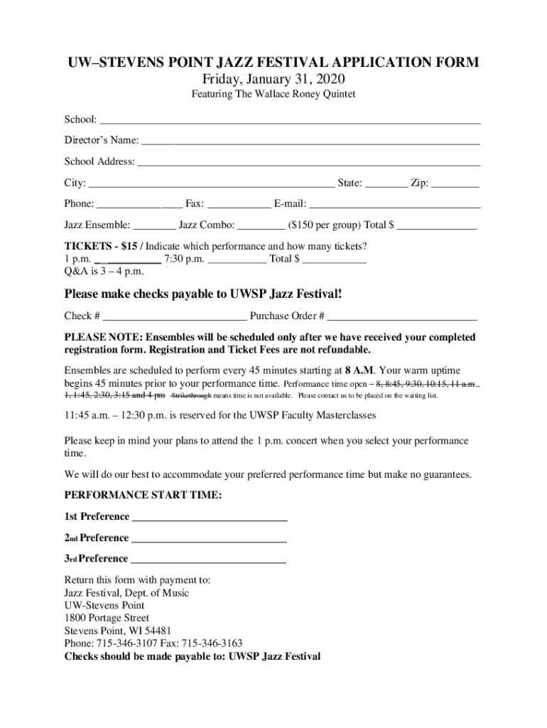Fillable Online UWSTEVENS POINT JAZZ FESTIVAL APPLICATION FORM Friday ...