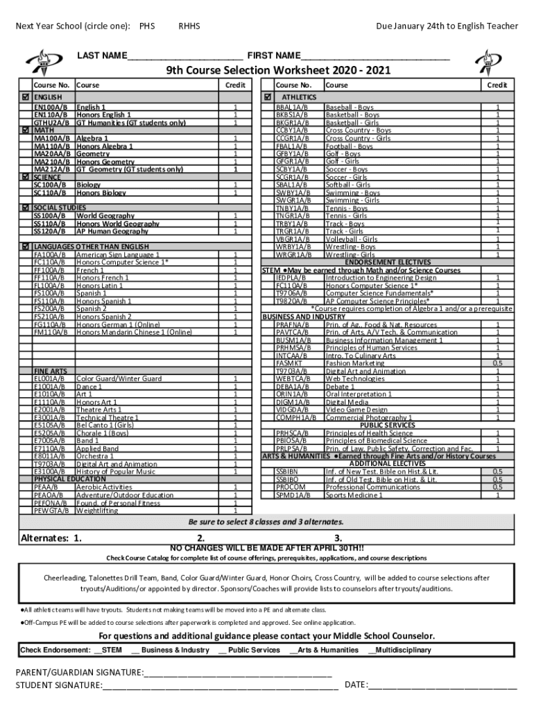 Fillable Online LAST NAME FIRST NAME 9th Course Selection Worksheet ...