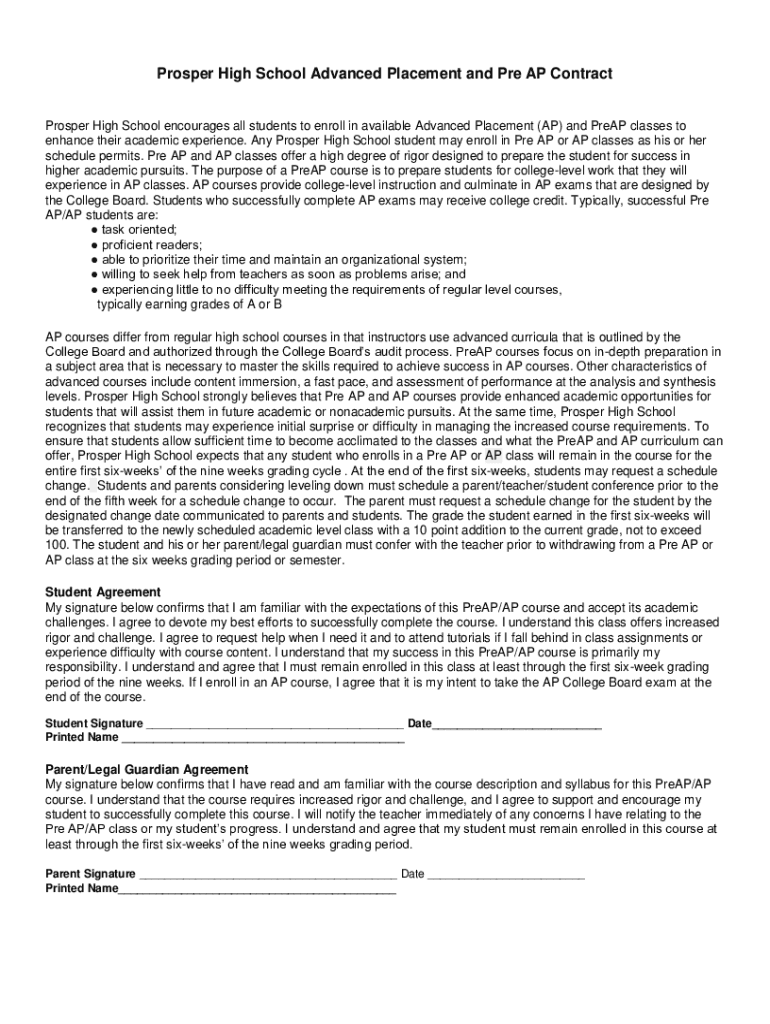 Fillable Online Prosper High School Advanced Placement and Pre AP ...