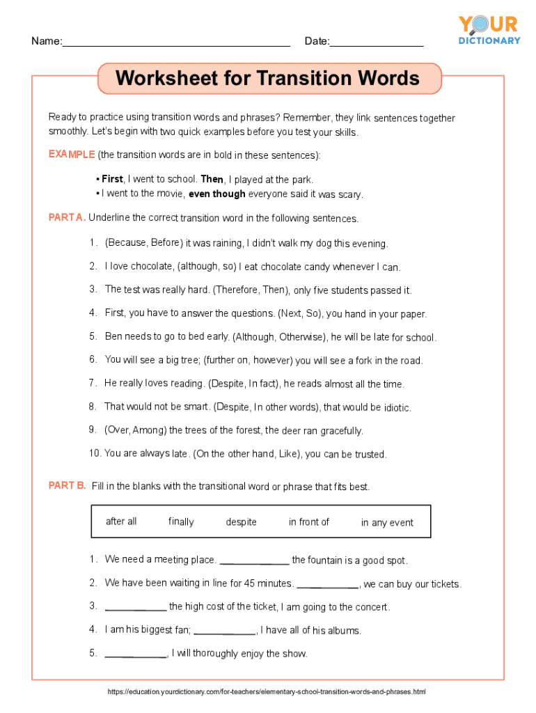 Fillable Online transition words worksheet. transition words worksheet ...